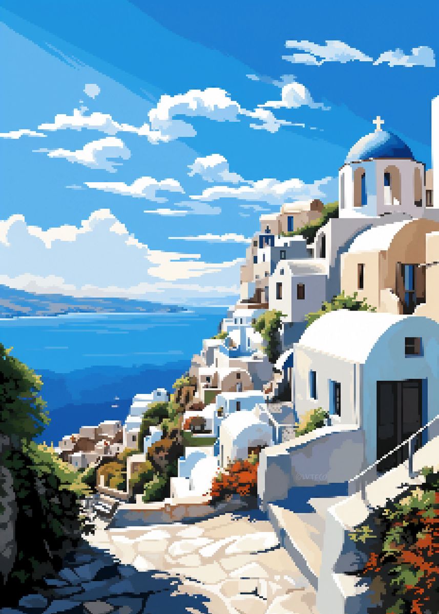 'Peaceful Greece Pixel Art' Poster, picture, metal print, paint by ...