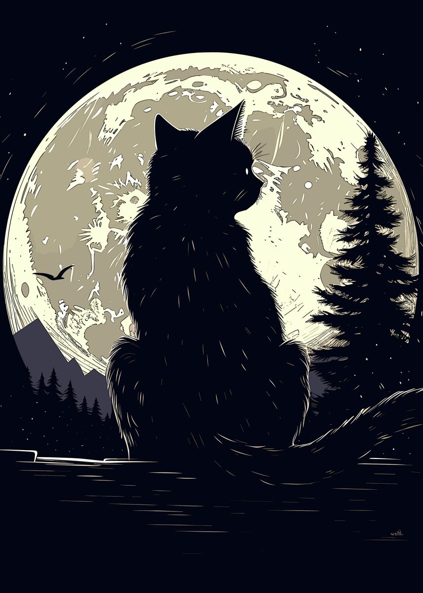 'cat moon night' Poster, picture, metal print, paint by Roberto ...