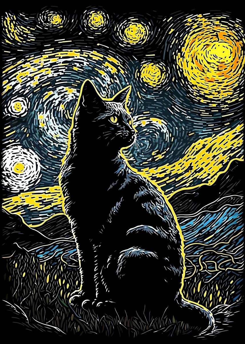 'Starry Night Cat ' Poster, picture, metal print, paint by Space Nature ...