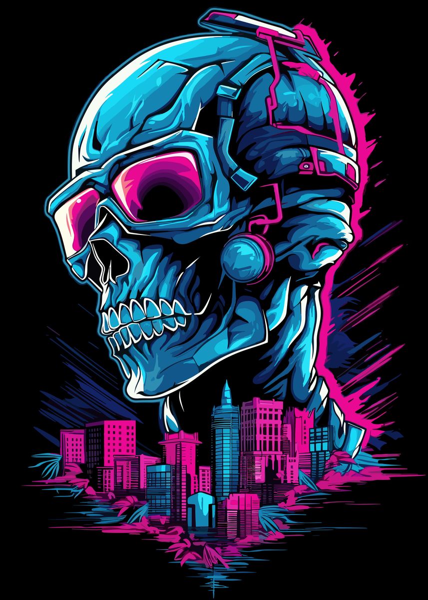 'Skull Synthwave' Poster, picture, metal print, paint by Coral Plummer ...