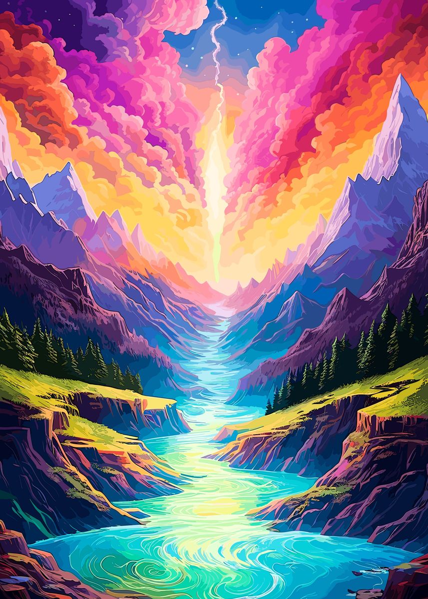 'colorful fantasy mountains' Poster, picture, metal print, paint by ...