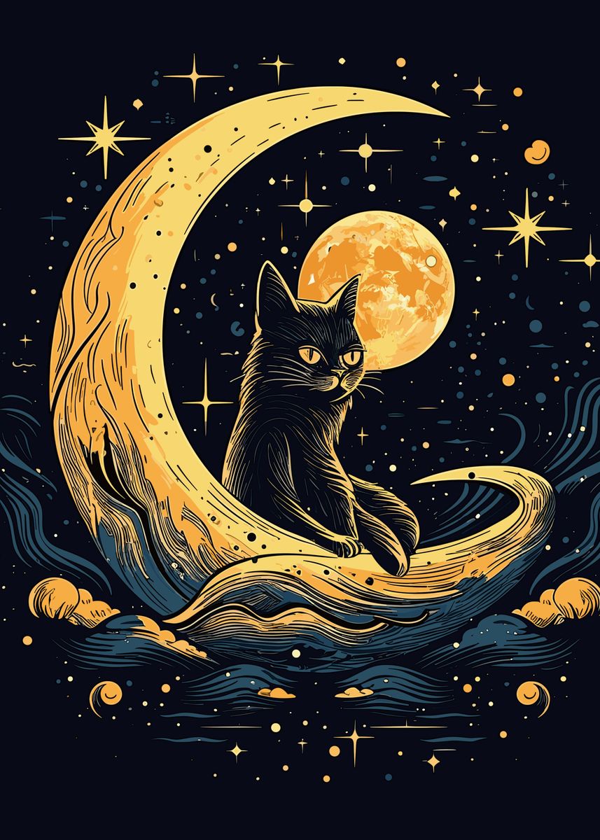 'cat moon night' Poster, picture, metal print, paint by Roberto ...