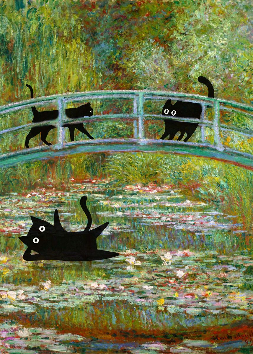 'BLACK Cat Monet WaterLily' Poster, picture, metal print, paint by gani ...