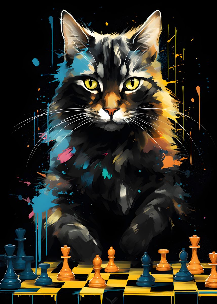 'Cat Chess Master Portrait' Poster, picture, metal print, paint by Chris Nolan | Displate