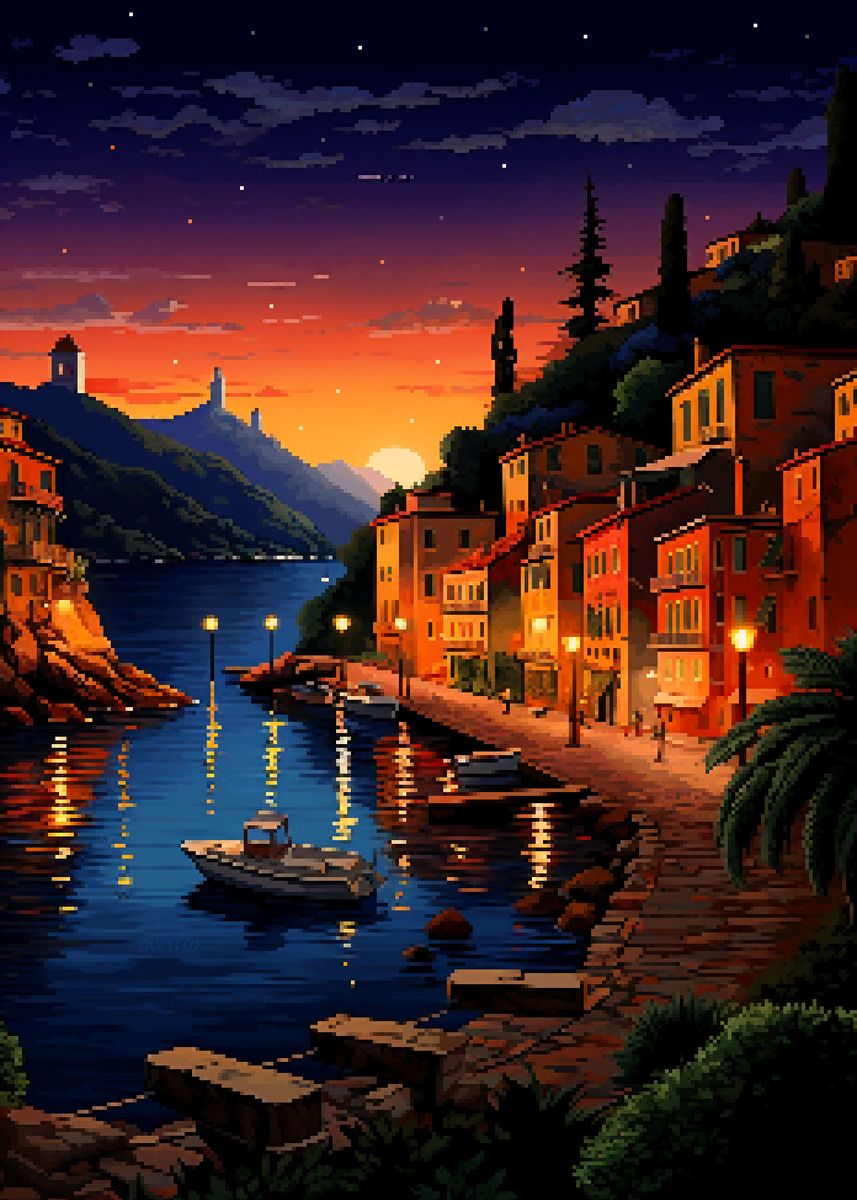 'Italy Portofino Pixel Art' Poster, picture, metal print, paint by ...