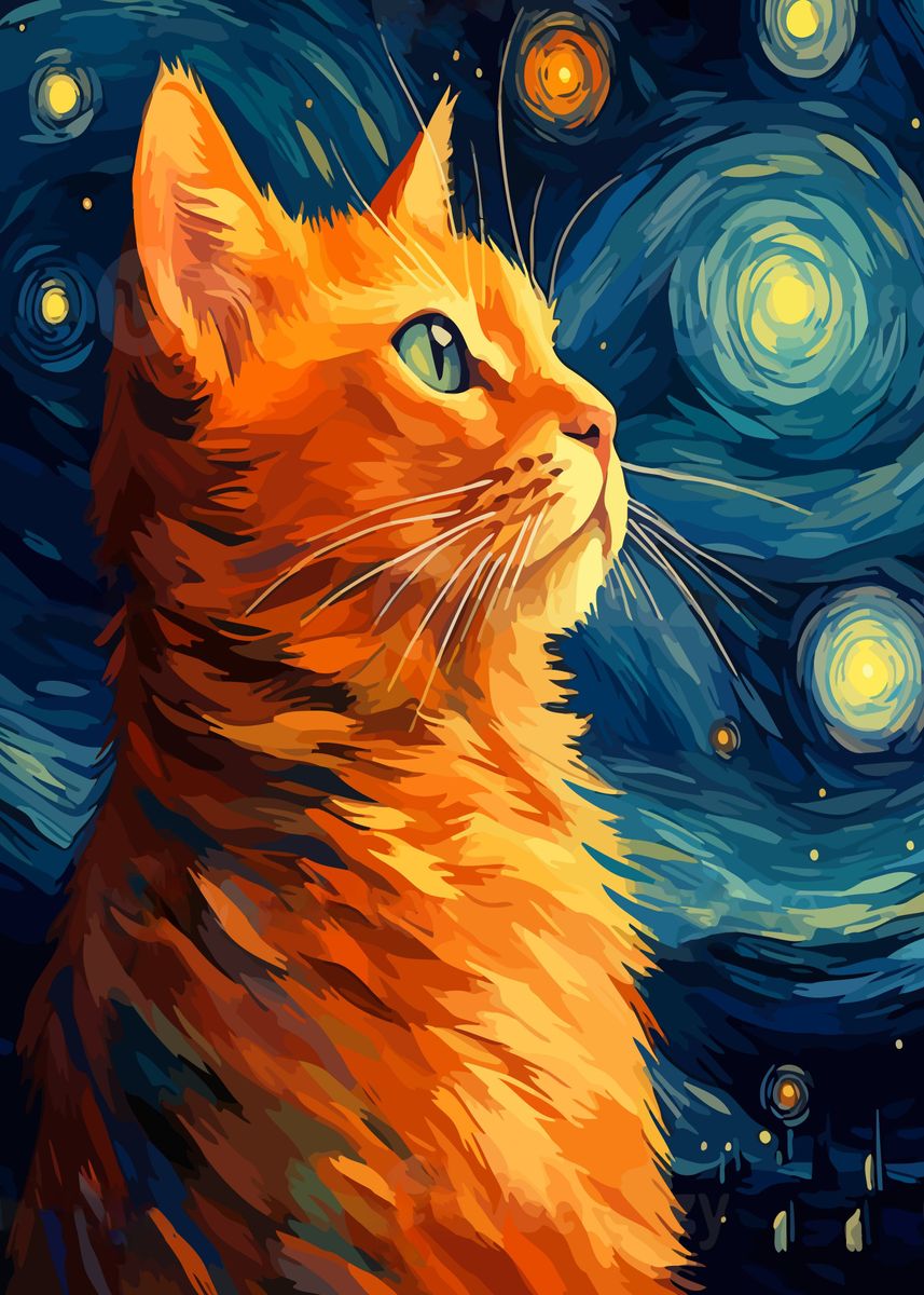 'Starry Night Cat ' Poster, picture, metal print, paint by Space Nature ...