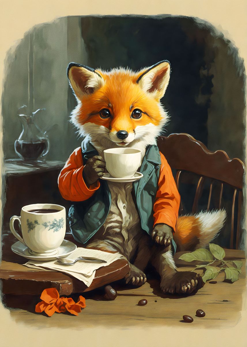 'Vintage Fox Cub Coffe' Poster, picture, metal print, paint by Dream ...