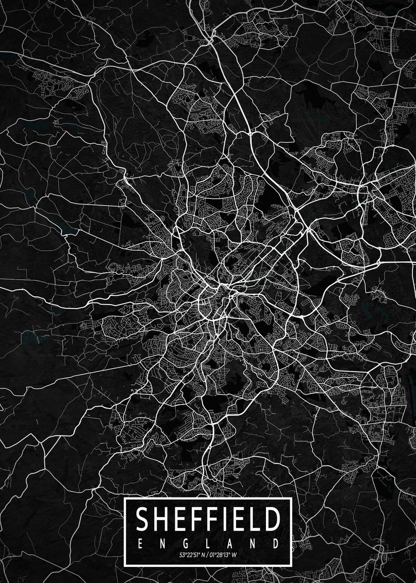 'Sheffield City Map Dark' Poster, picture, metal print, paint by deMAP ...