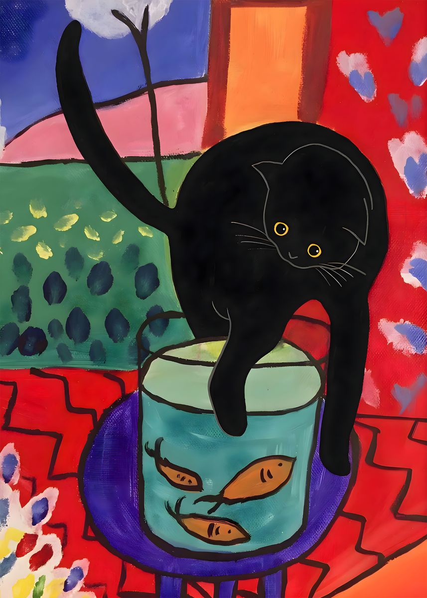 'Cat With Red Fish' Poster, picture, metal print, paint by Jaime Swift ...