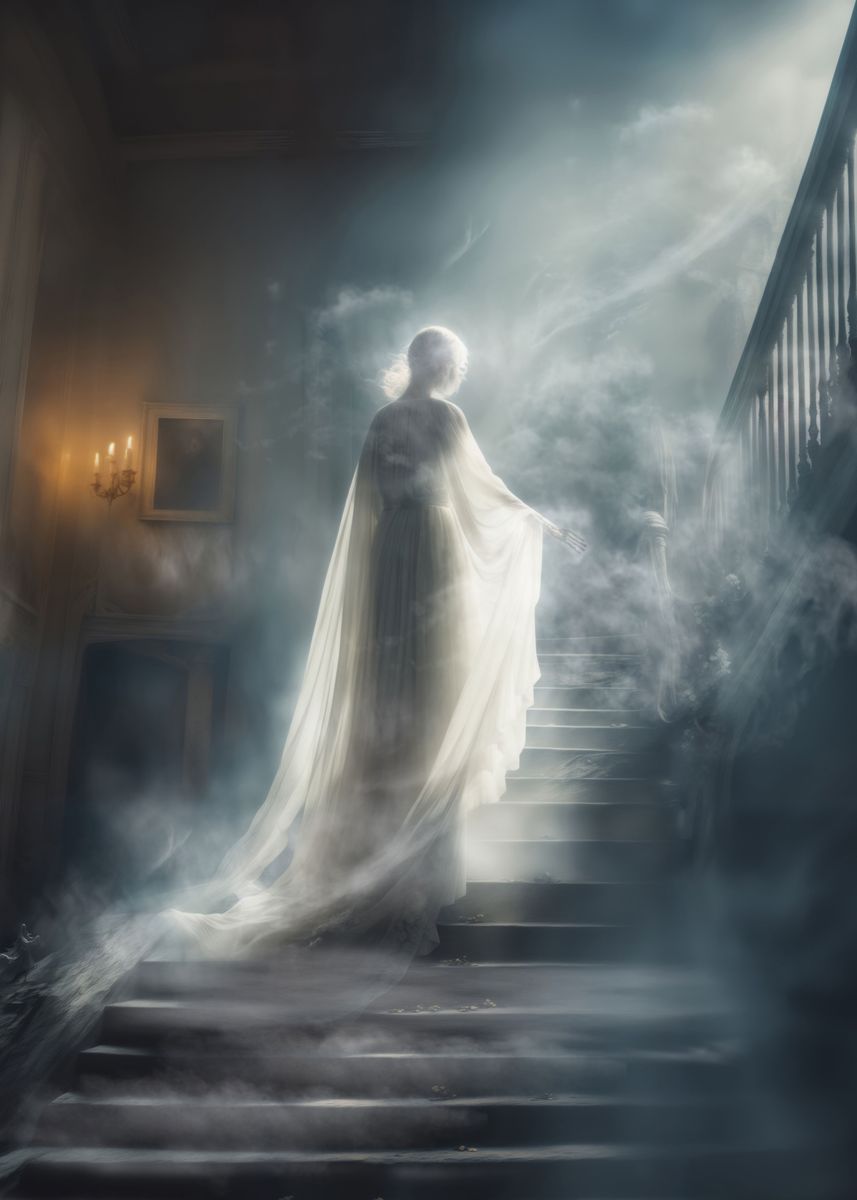 'Lone scary ghost on stairs' Poster, picture, metal print, paint by ...