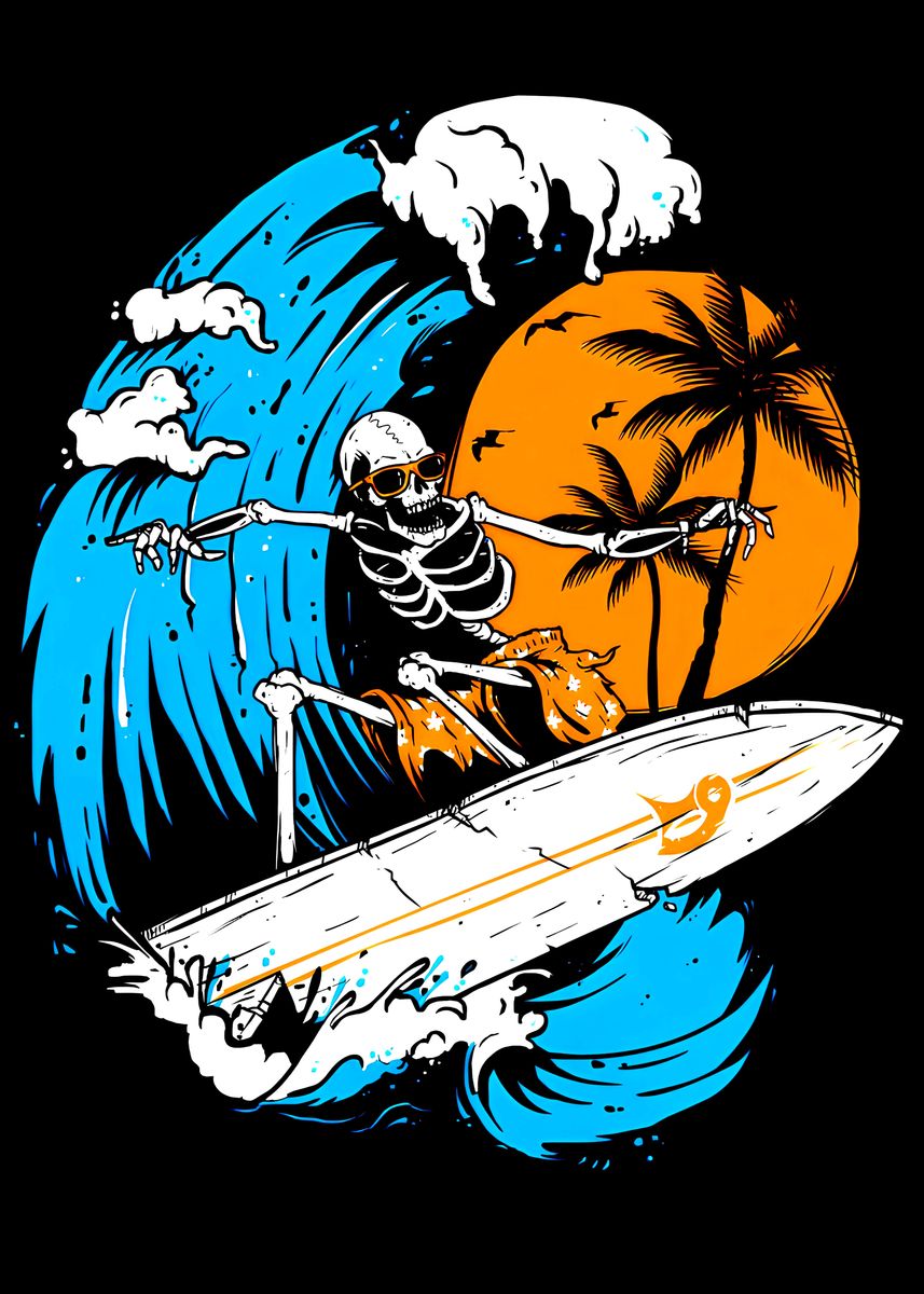 'Surfing skull' Poster, picture, metal print, paint by Sela Novianti ...