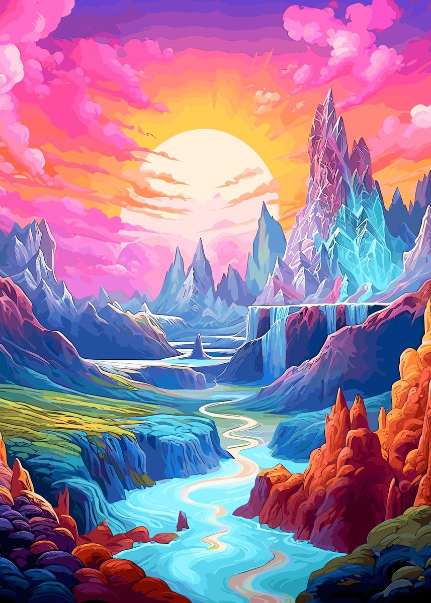 'colorful fantasy mountains' Poster by Faraz Holmes | Displate