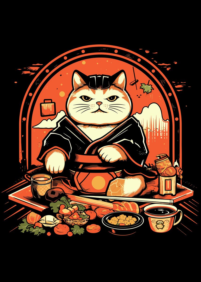 'Japanese Cat Chef' Poster, picture, metal print, paint by MICHELLE ...