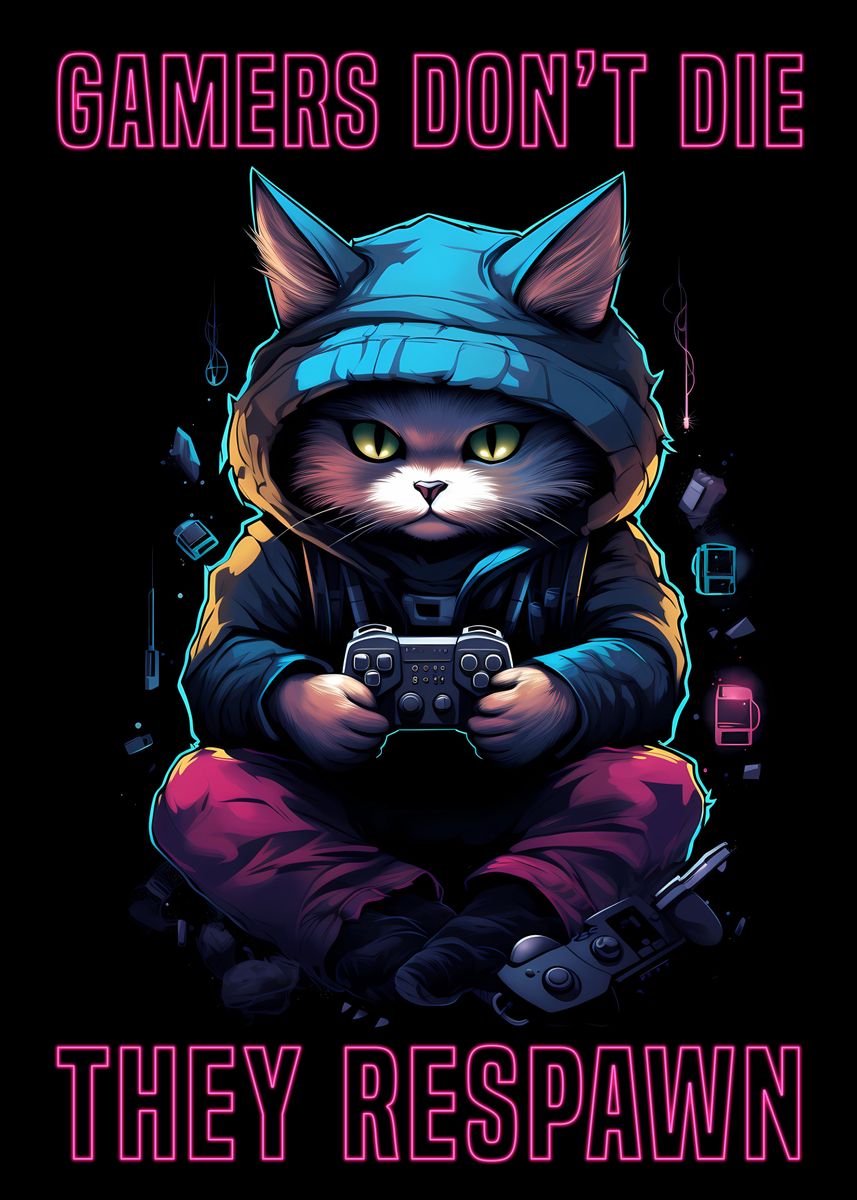 'Neon Cat Gamer' Poster, picture, metal print, paint by ThomasDHaley ...