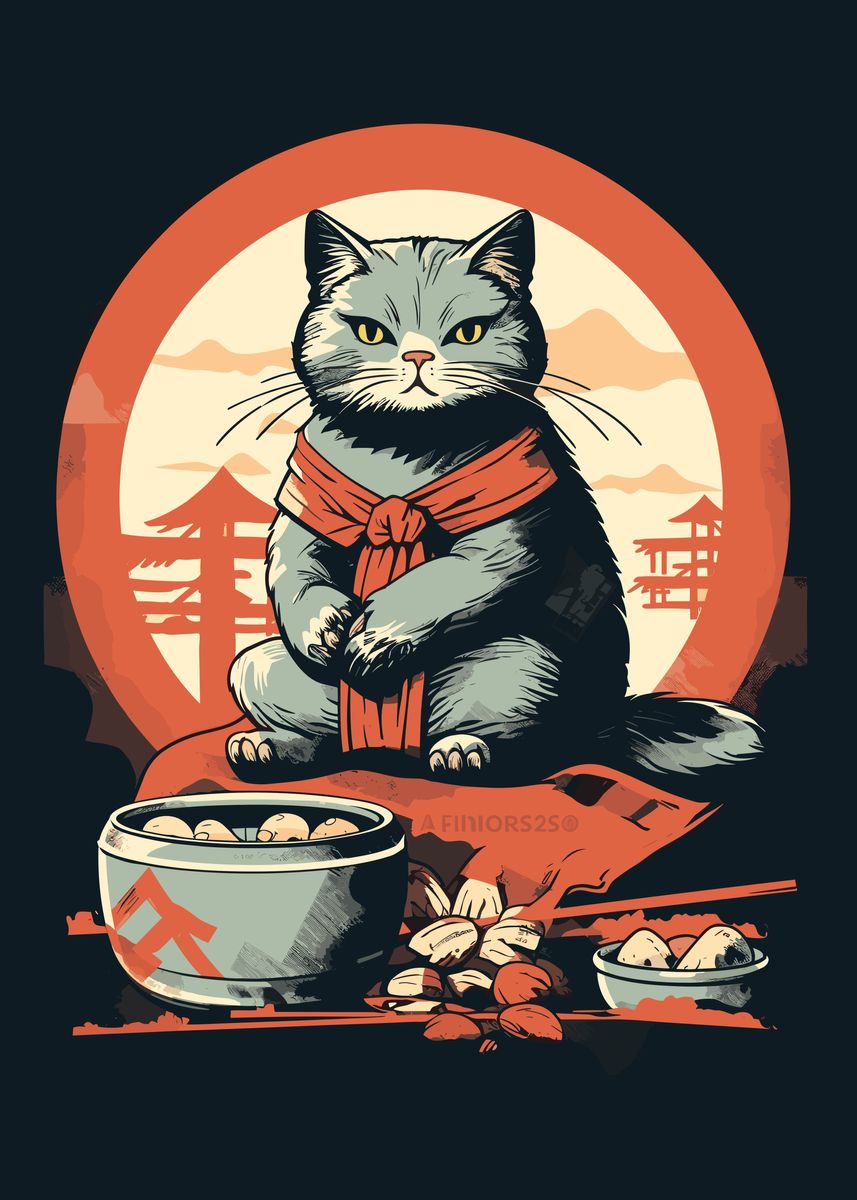 'Japanese Cat Chef' Poster, picture, metal print, paint by MICHELLE ...