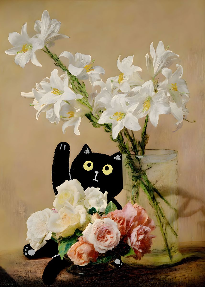 'Roses and Lilies Cat' Poster, picture, metal print, paint by Jaime ...