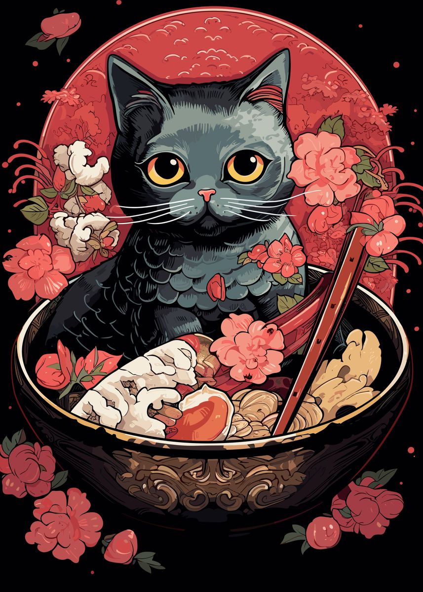 'Japanese Cat Chef' Poster, picture, metal print, paint by MICHELLE ...