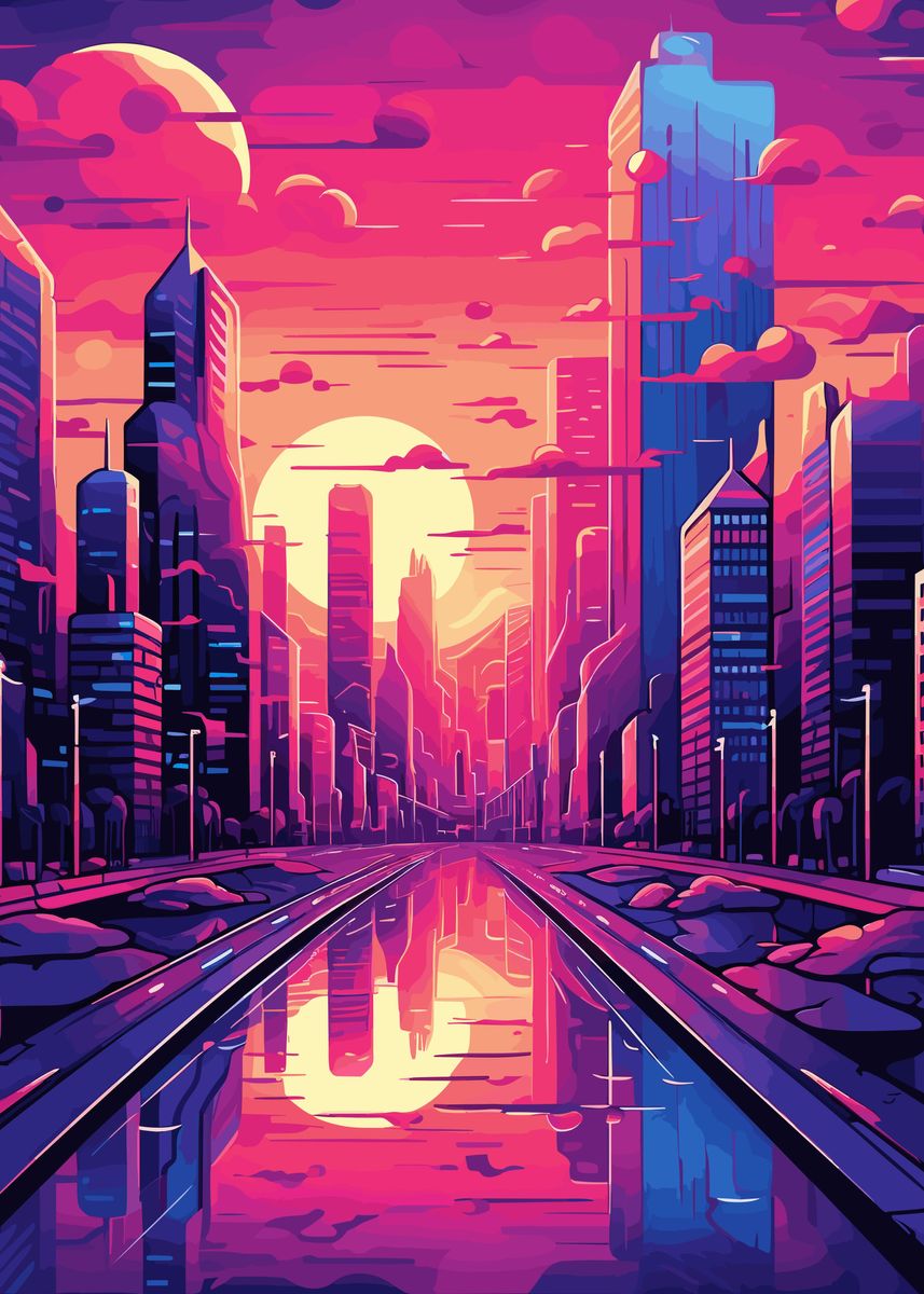 'Beautiful Cityscape Sunset' Poster, picture, metal print, paint by Efe ...