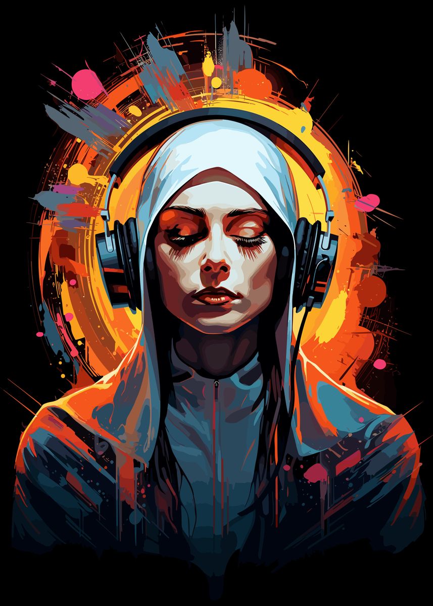 'Holy Nun With Headphones' Poster, picture, metal print, paint by ...