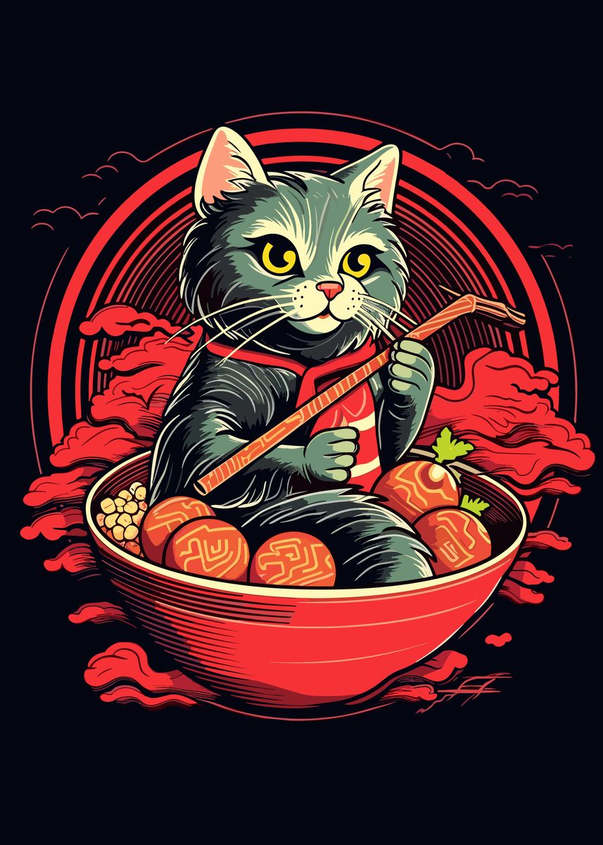 'Japanese Cat Chef' Poster, picture, metal print, paint by MICHELLE ...