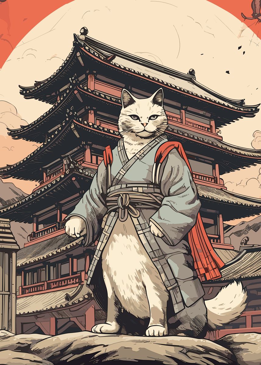 'samurai cat japan ' Poster, picture, metal print, paint by ...