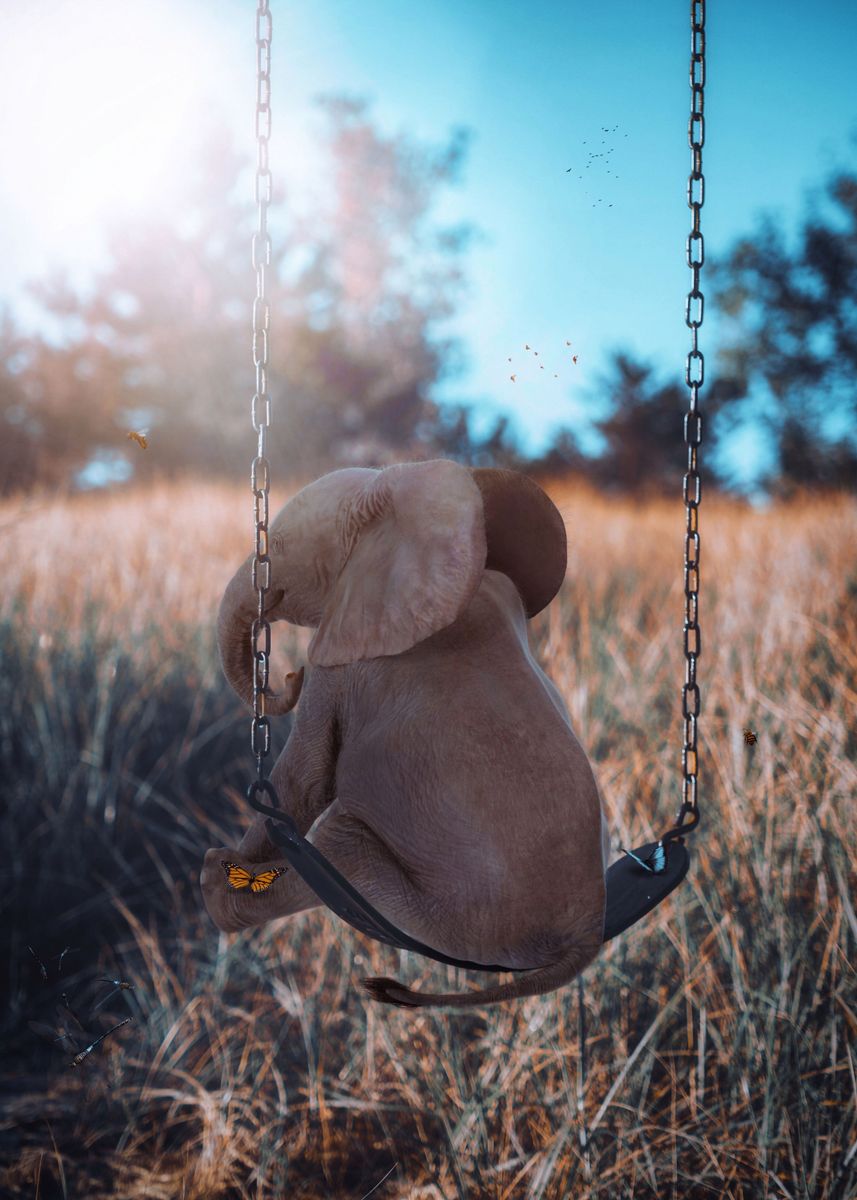 'Baby Elephant on Swing' Poster, picture, metal print, paint by Gen Z ...