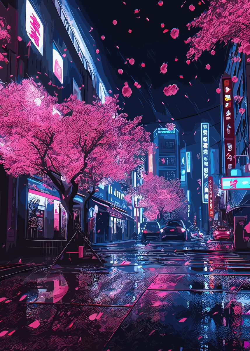 'tokyo sakura street' Poster, picture, metal print, paint by Agnes ...