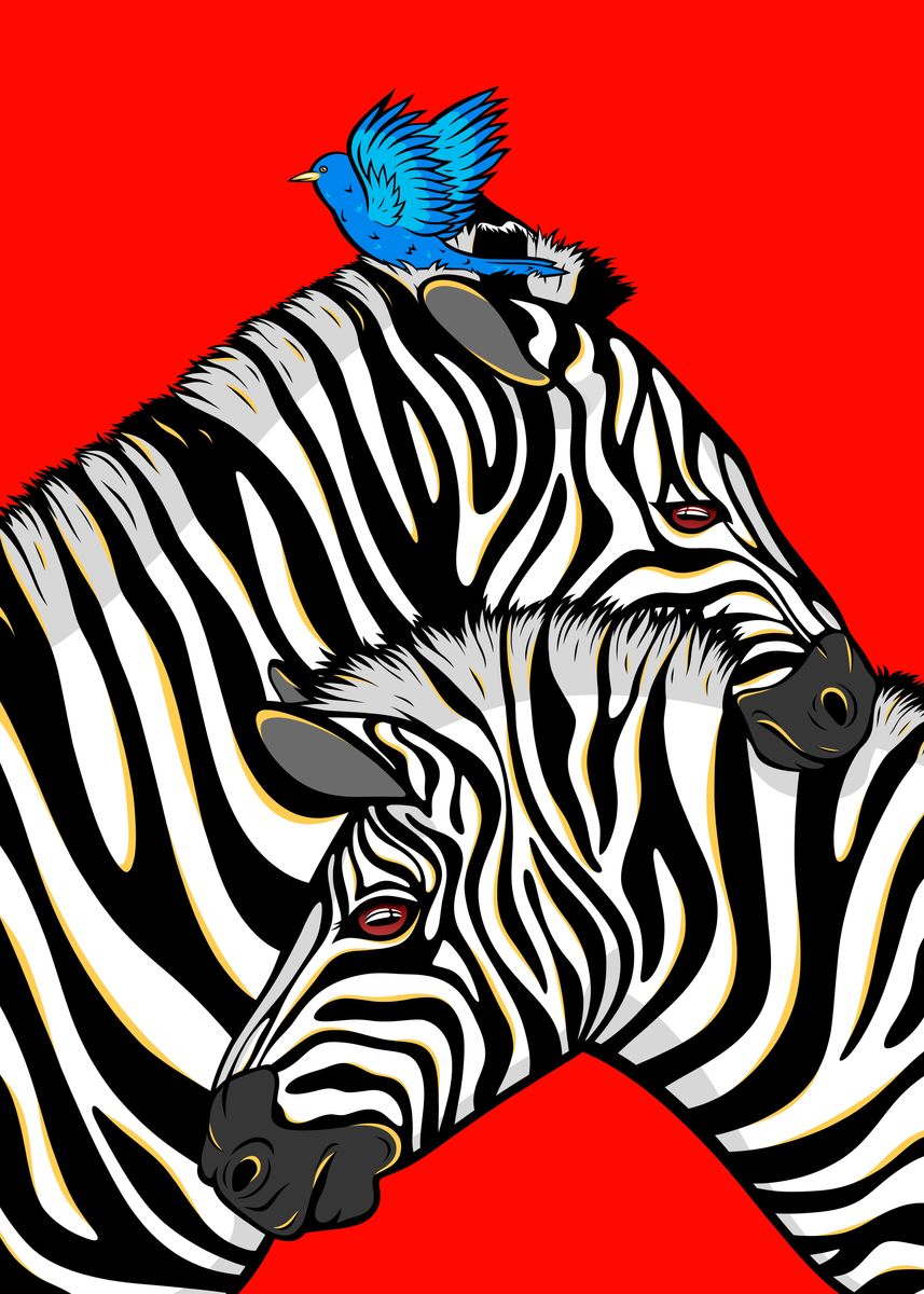 'Two zebras and a blue bird' Poster, picture, metal print, paint by ...