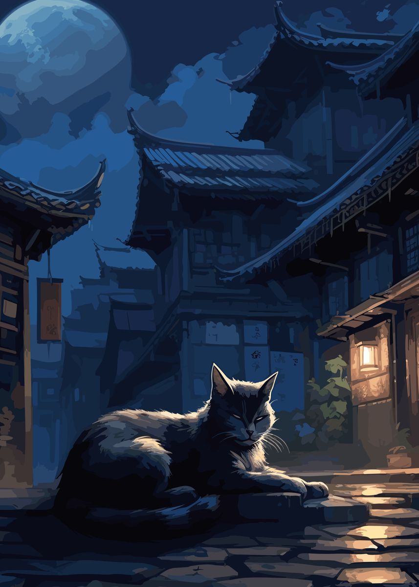 'The Moon Night Cat Japan' Poster, picture, metal print, paint by Isis ...