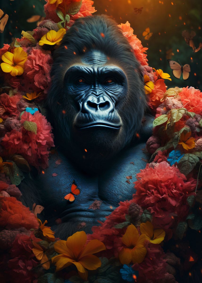 'Gorilla Flowers' Poster, picture, metal print, paint by Mateusz Ślemp ...