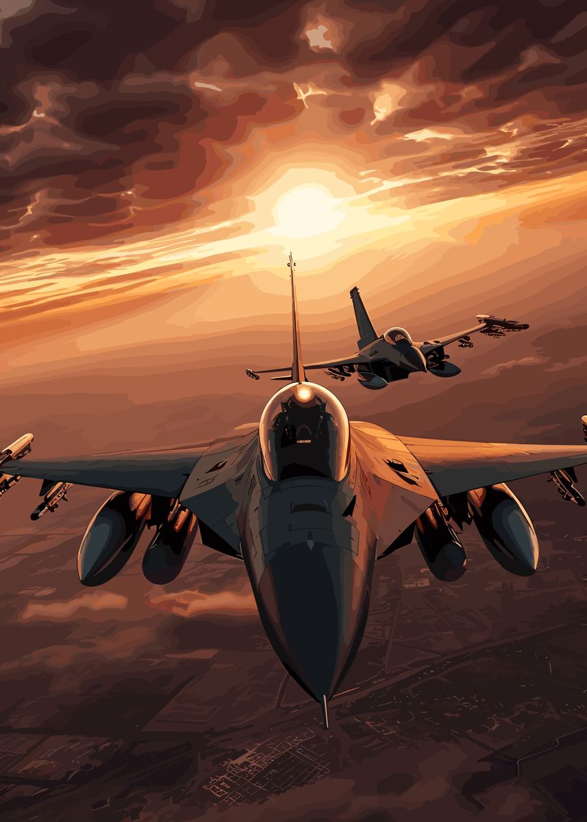 'Jet Fighter Sunset' Poster, picture, metal print, paint by Marina ...