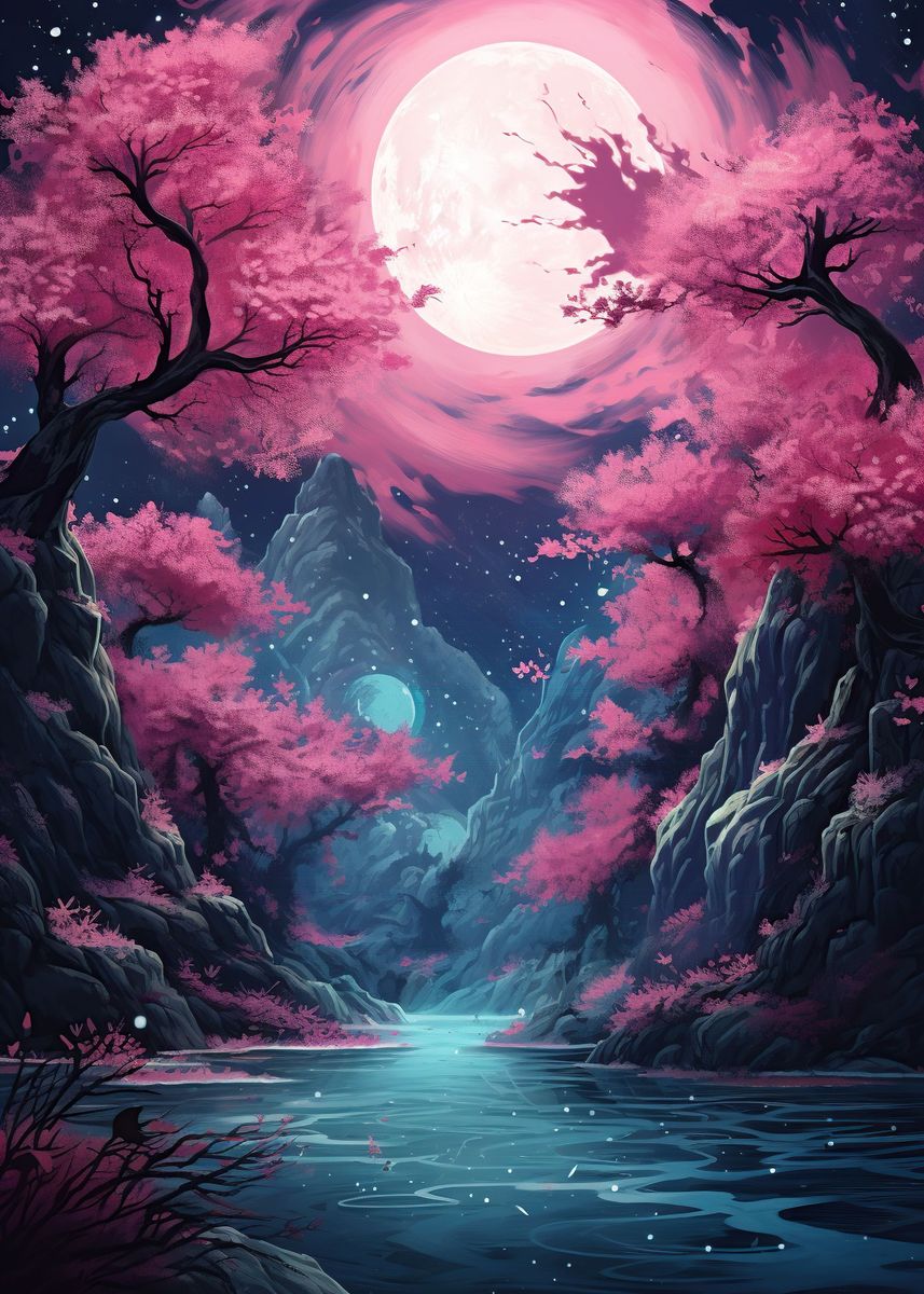 'Moonlight Sakura Peaks' Poster, picture, metal print, paint by WAA ...