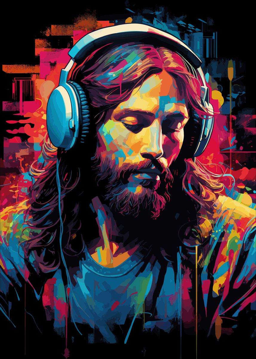 'Jesus With Headphones' Poster, picture, metal print, paint by ...