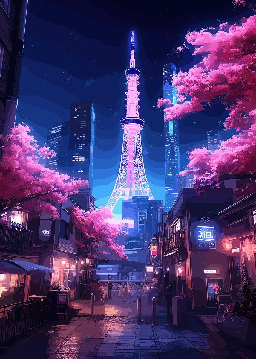 'tokyo sakura street' Poster by Agnes Amory | Displate