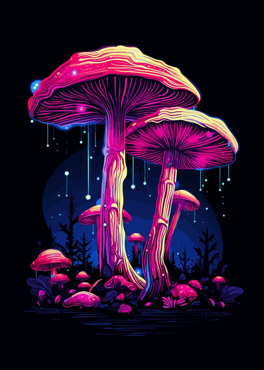 'Neon Mushroom Fungi Fungus' Poster, picture, metal print, paint by ...