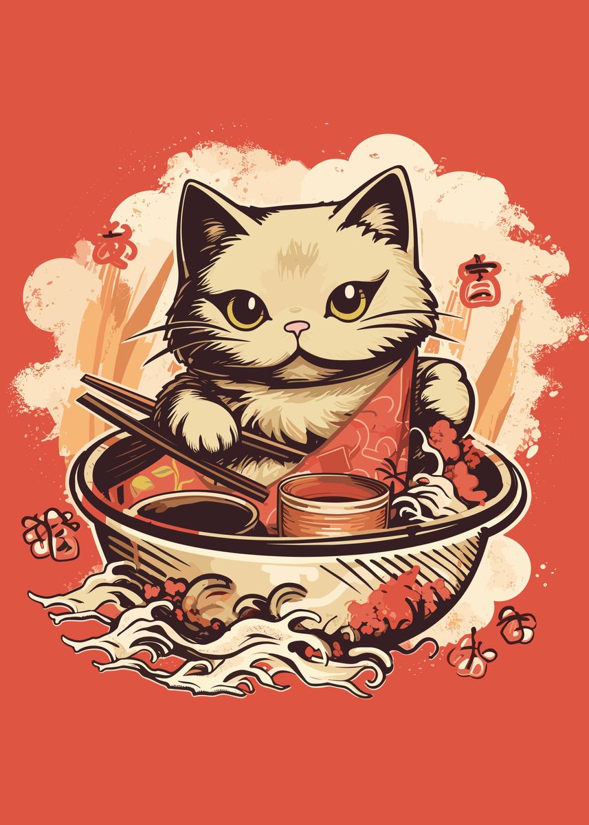 'Japanese Cat Chef' Poster by MICHELLE RHOADS | Displate