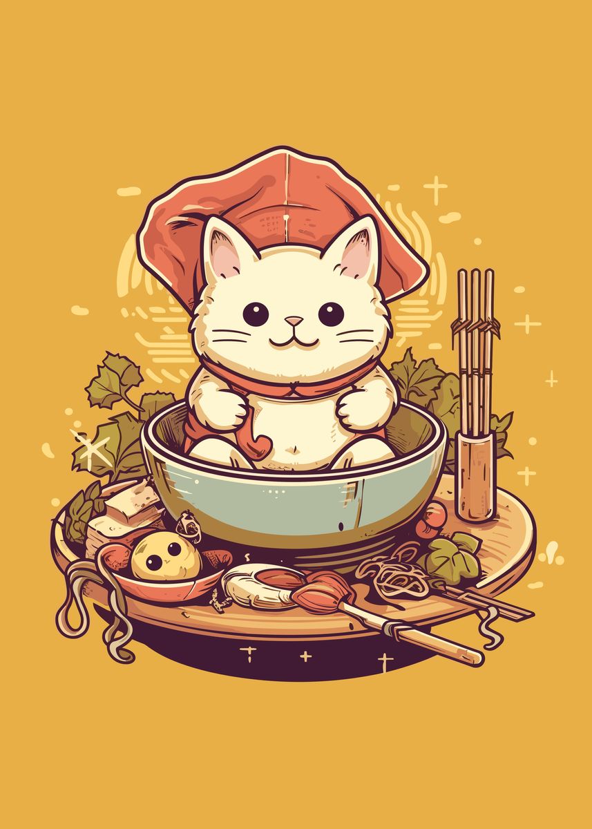 'Japanese Cat Chef' Poster, picture, metal print, paint by MICHELLE ...
