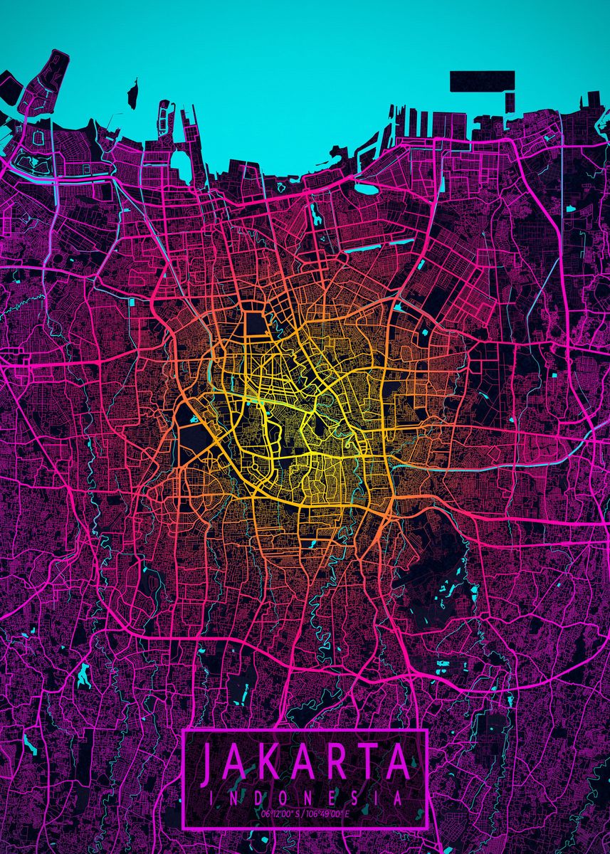 'Jakarta City Map Neon' Poster by deMAP Studio | Displate