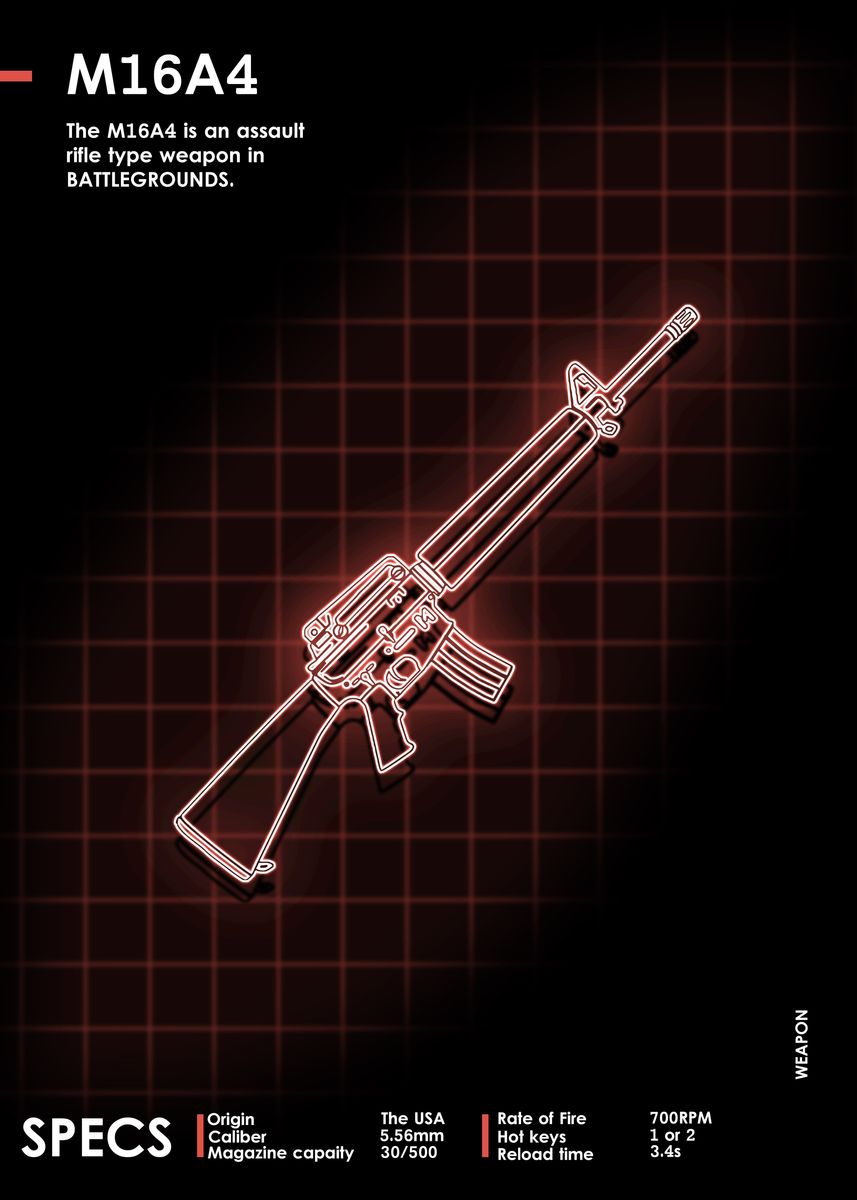 'M16 Neon Weapon blueprint' Poster, picture, metal print, paint by ...