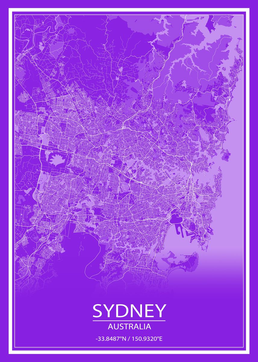 'Sydney Purple White Map' Poster, picture, metal print, paint by Wall ...