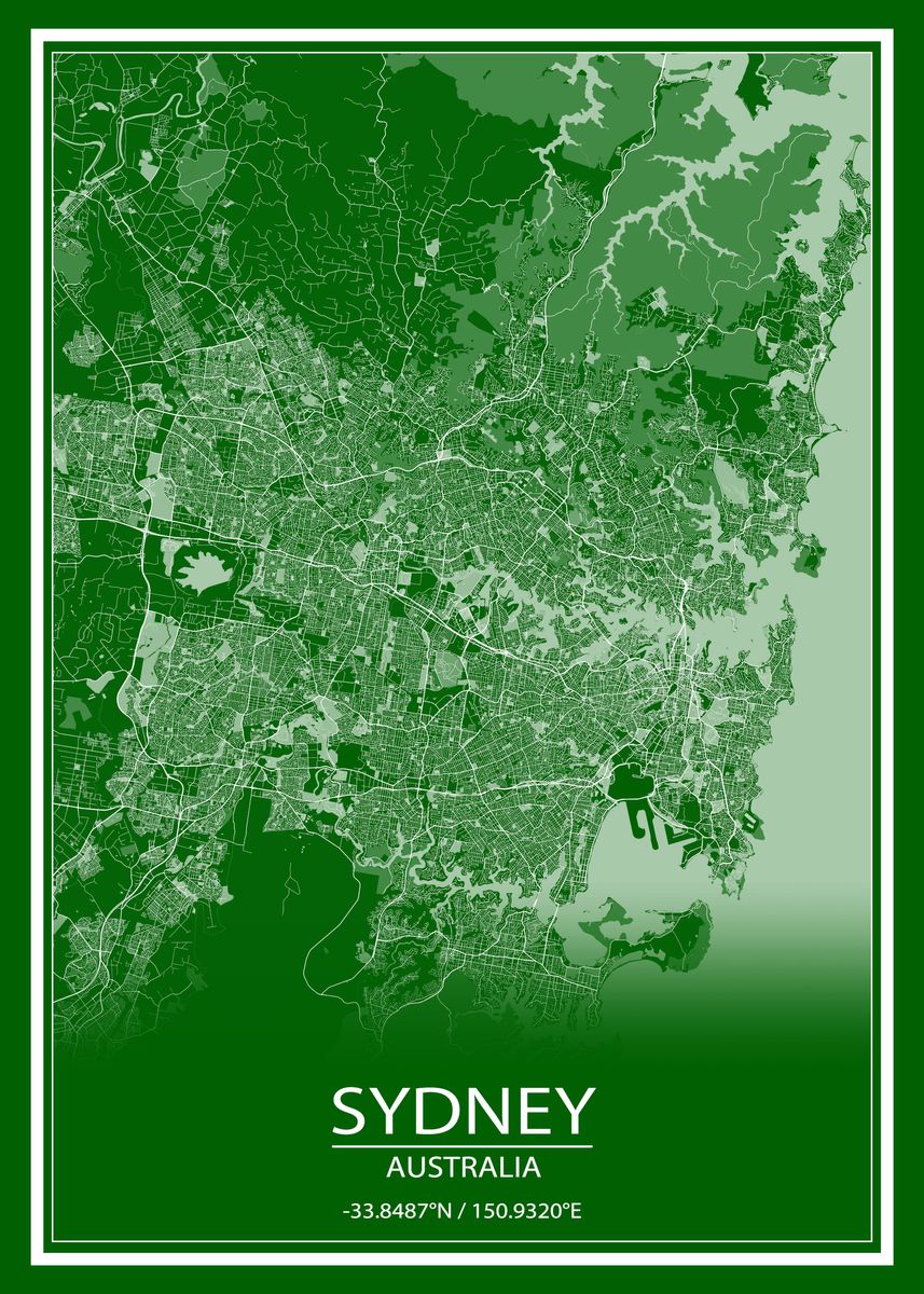 'Sydney Green and White Map' Poster, picture, metal print, paint by ...