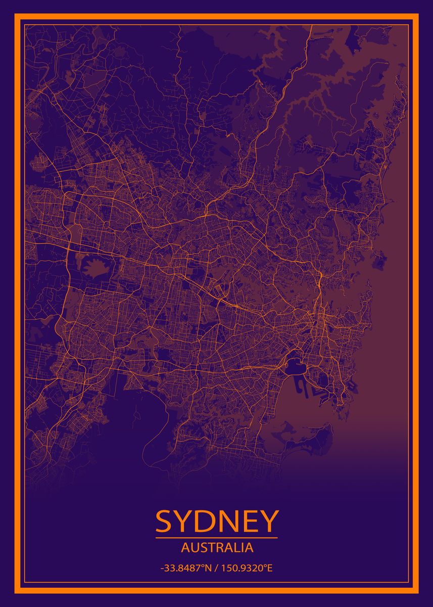 'Sydney Purple Orange Map' Poster, picture, metal print, paint by Wall ...