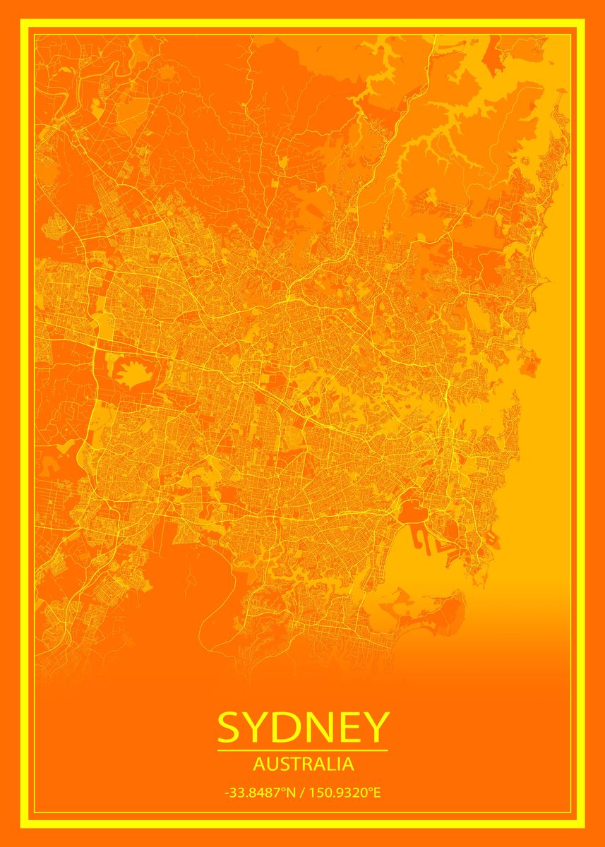 'Sydney Orange Yellow Map' Poster, picture, metal print, paint by Wall ...