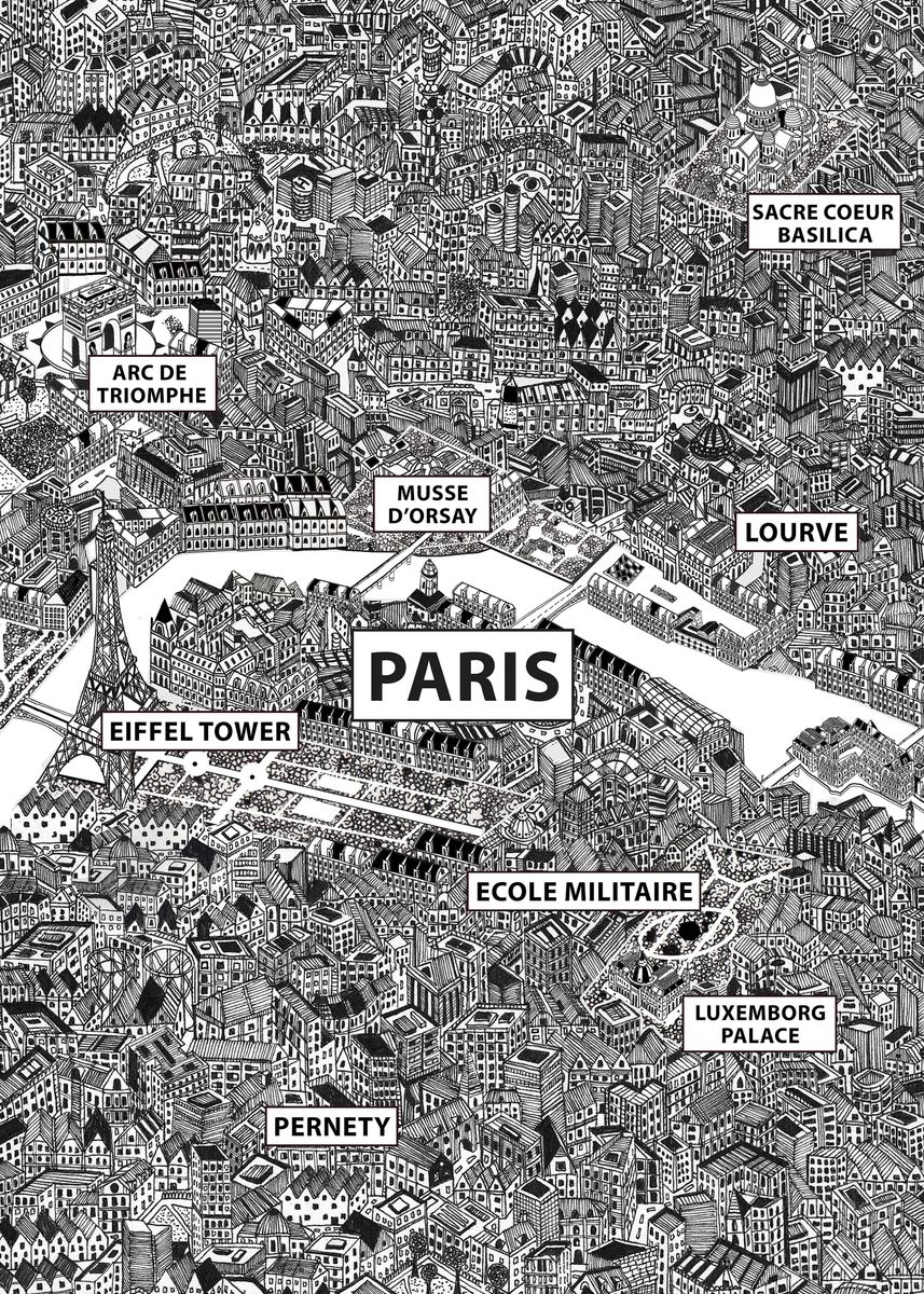 'Paris map hand drawing' Poster, picture, metal print, paint by Oliver ...