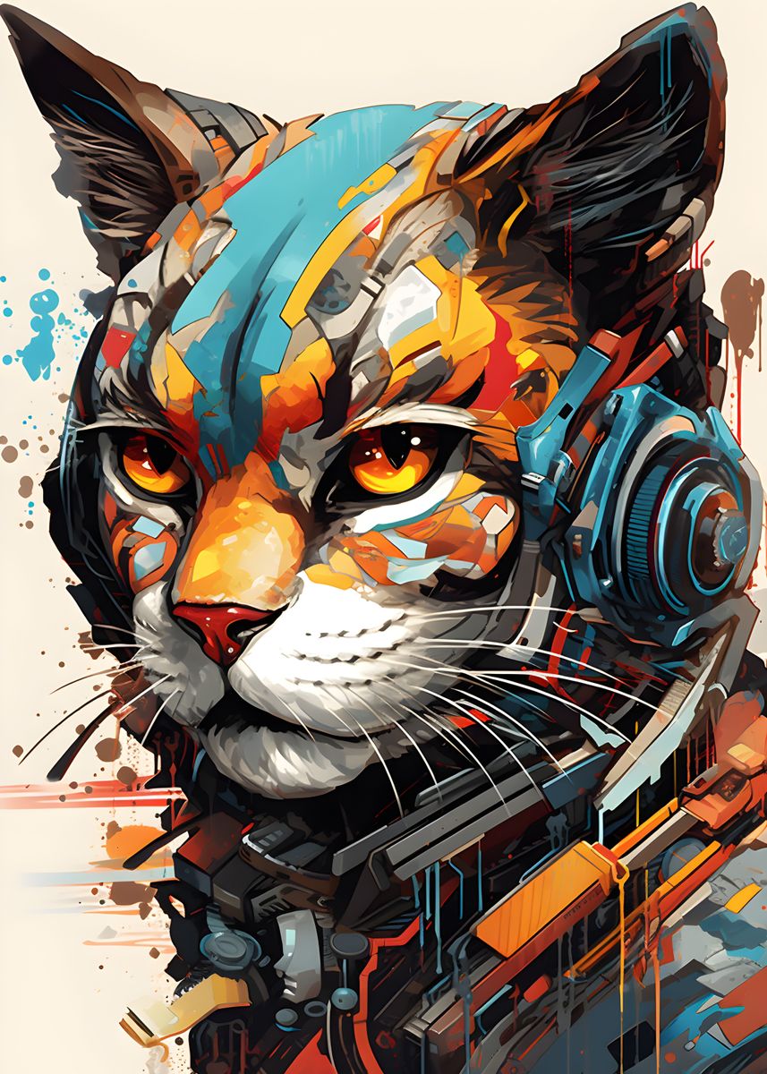 'Cyborg Cat Machine Head' Poster, picture, metal print, paint by Chris ...