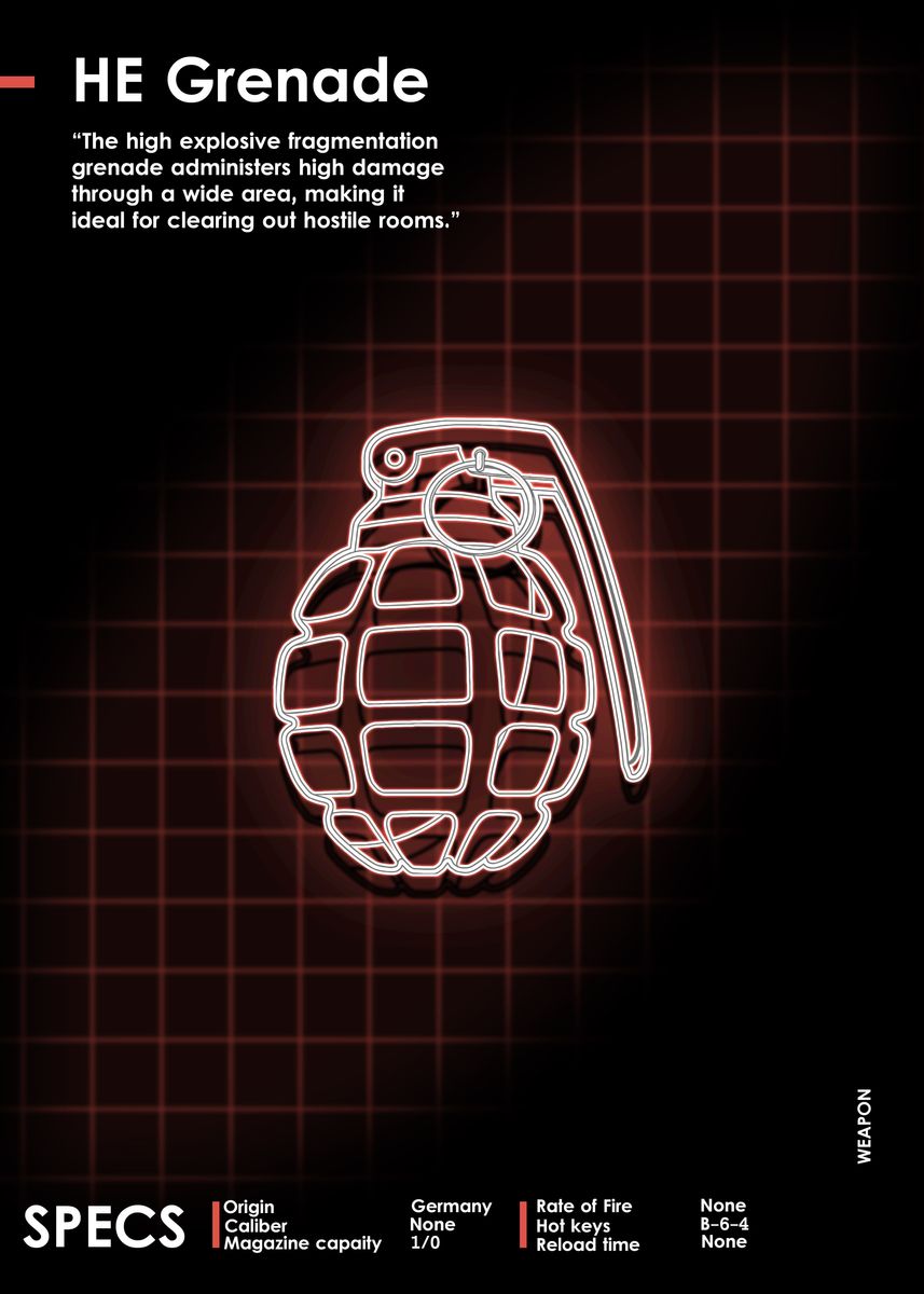 'HE Grenade Neon Weapon Art' Poster, picture, metal print, paint by ...