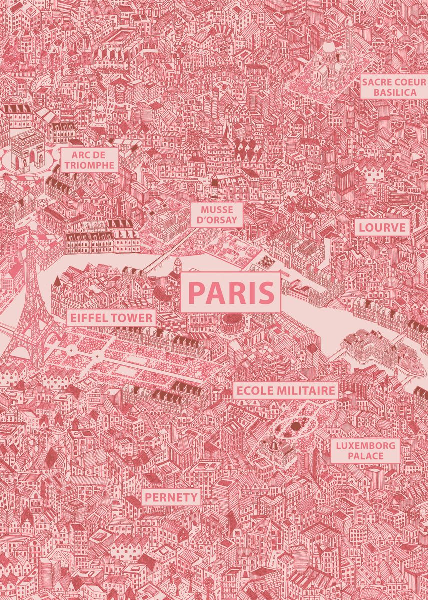 'Paris red map drawing' Poster, picture, metal print, paint by Oliver ...