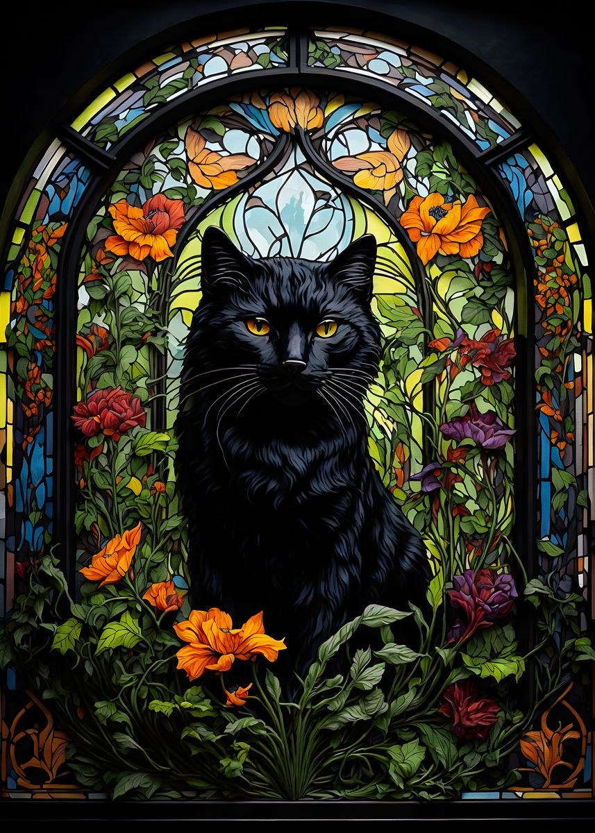 'Black cat Stained Glass' Poster, picture, metal print, paint by Dream ...