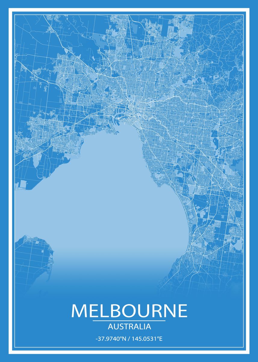 'Melbourne Blue White Map' Poster, picture, metal print, paint by Wall ...