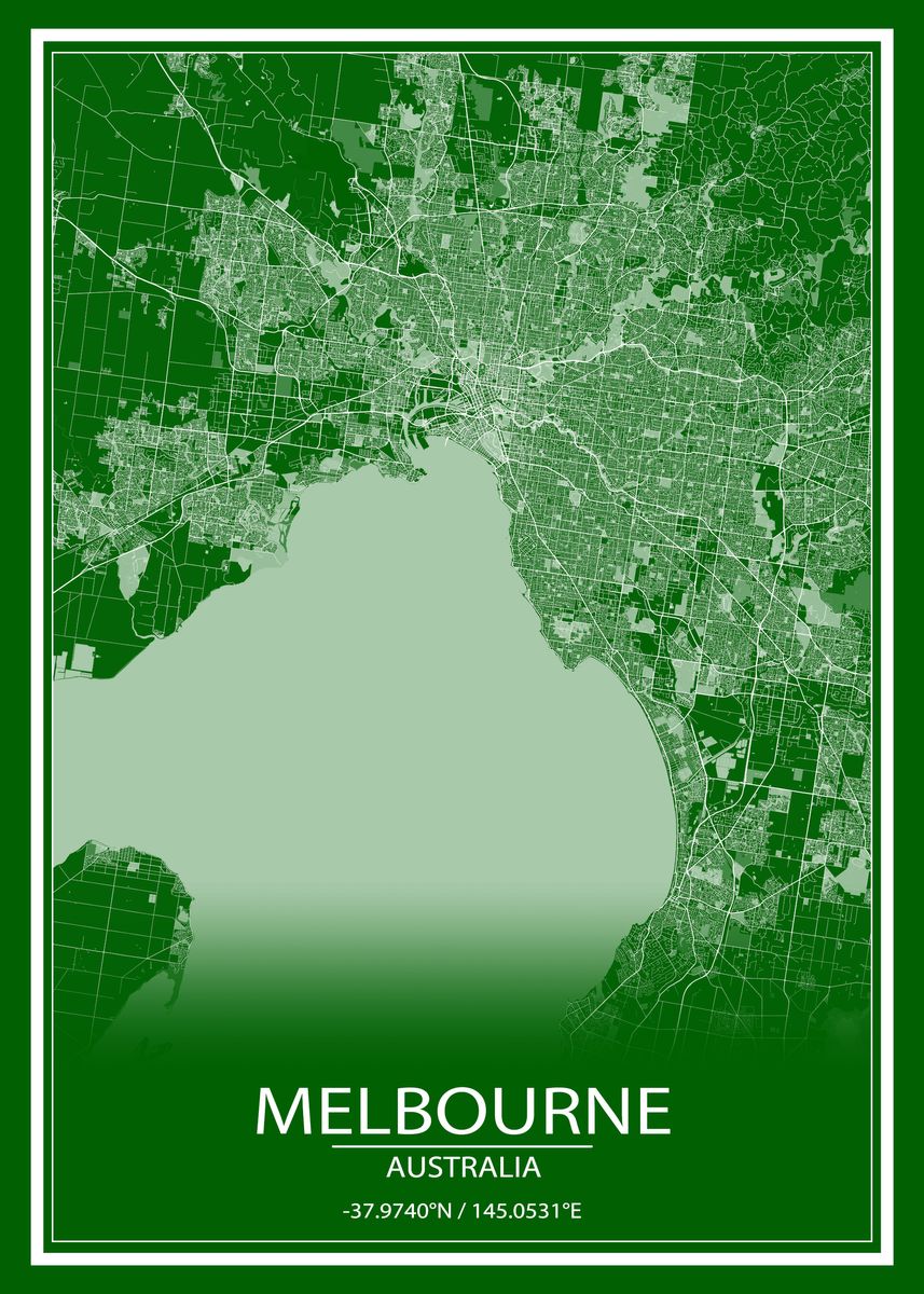 'Melbourne Green White Map' Poster, picture, metal print, paint by Wall ...